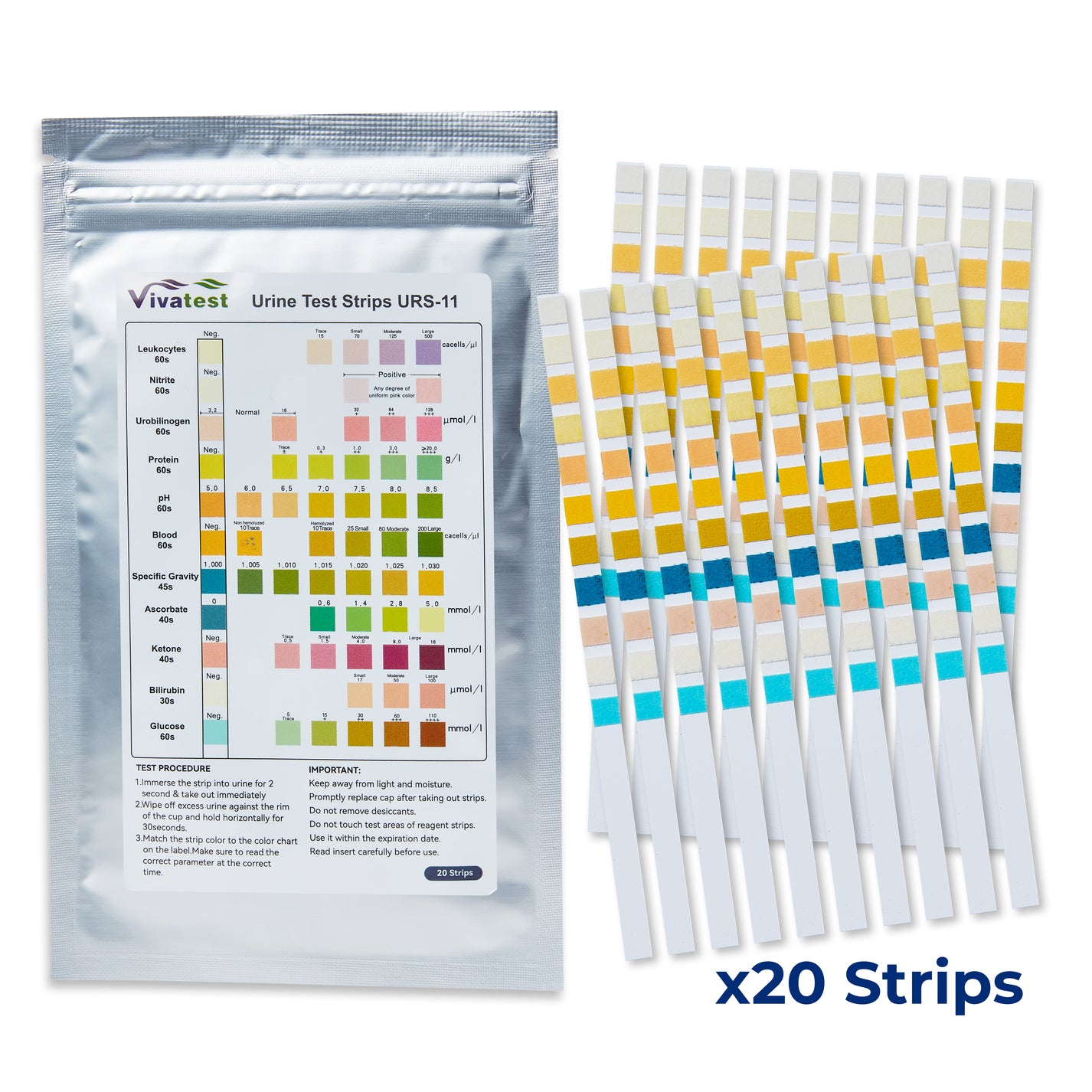 VivaTest URS-11 Urine Test Strips (20 Tests) – 11-Parameter Home ...