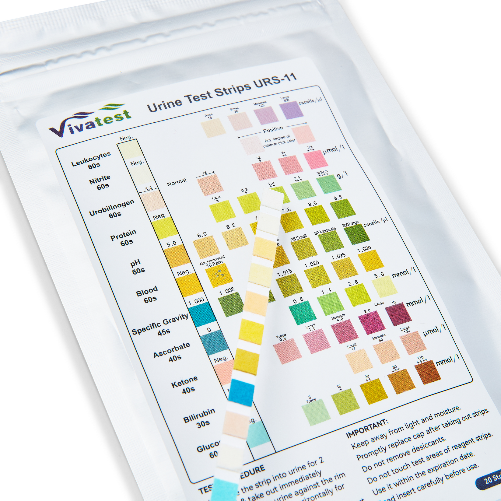 VivaTest URS-11 Urine Test Strips (20 Tests) – 11-Parameter Home ...